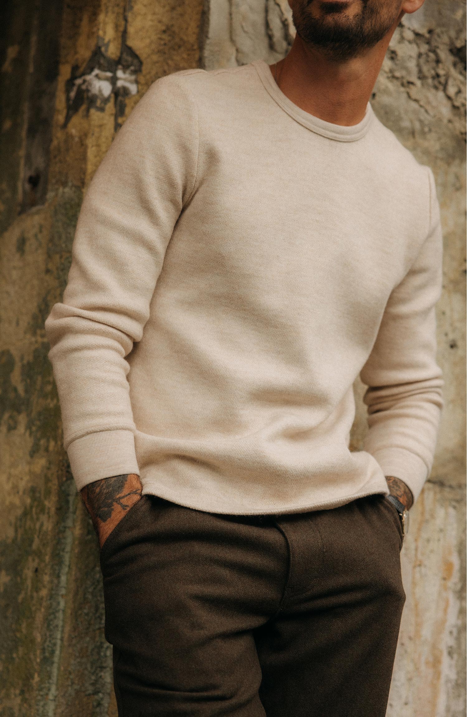 The Evans Crewneck in Oat Birdseye Wool | Taylor Stitch