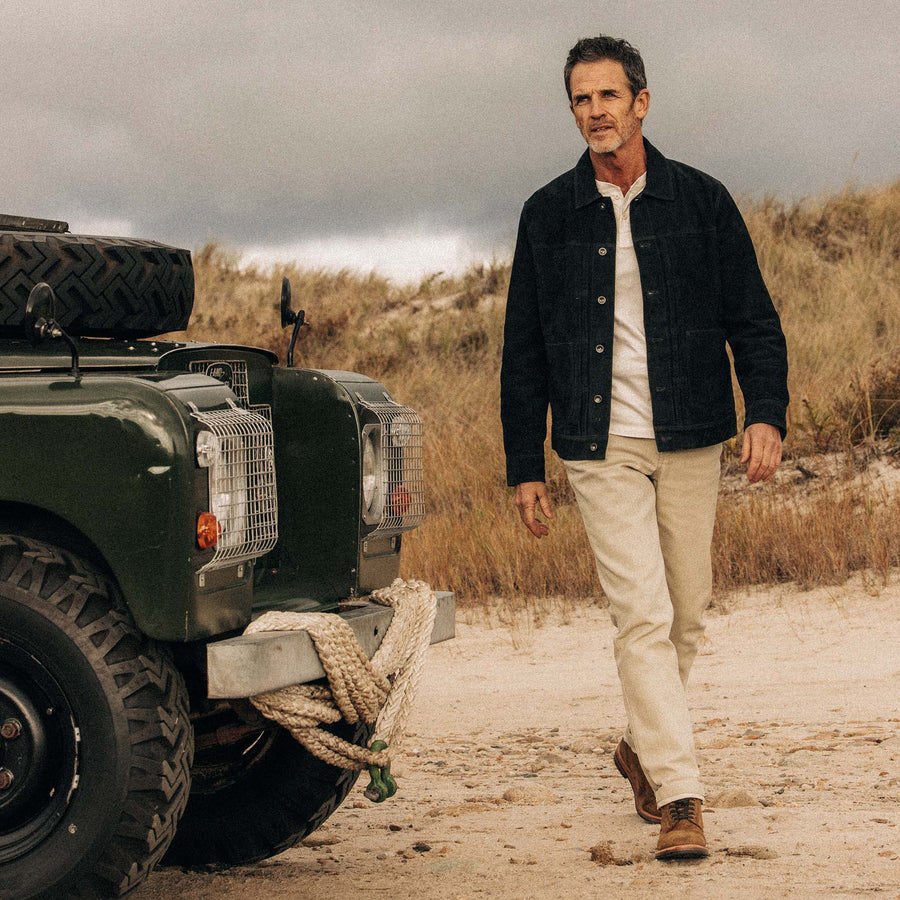 The Ryder Trucker Jacket in Dark Navy Suede | Taylor Stitch