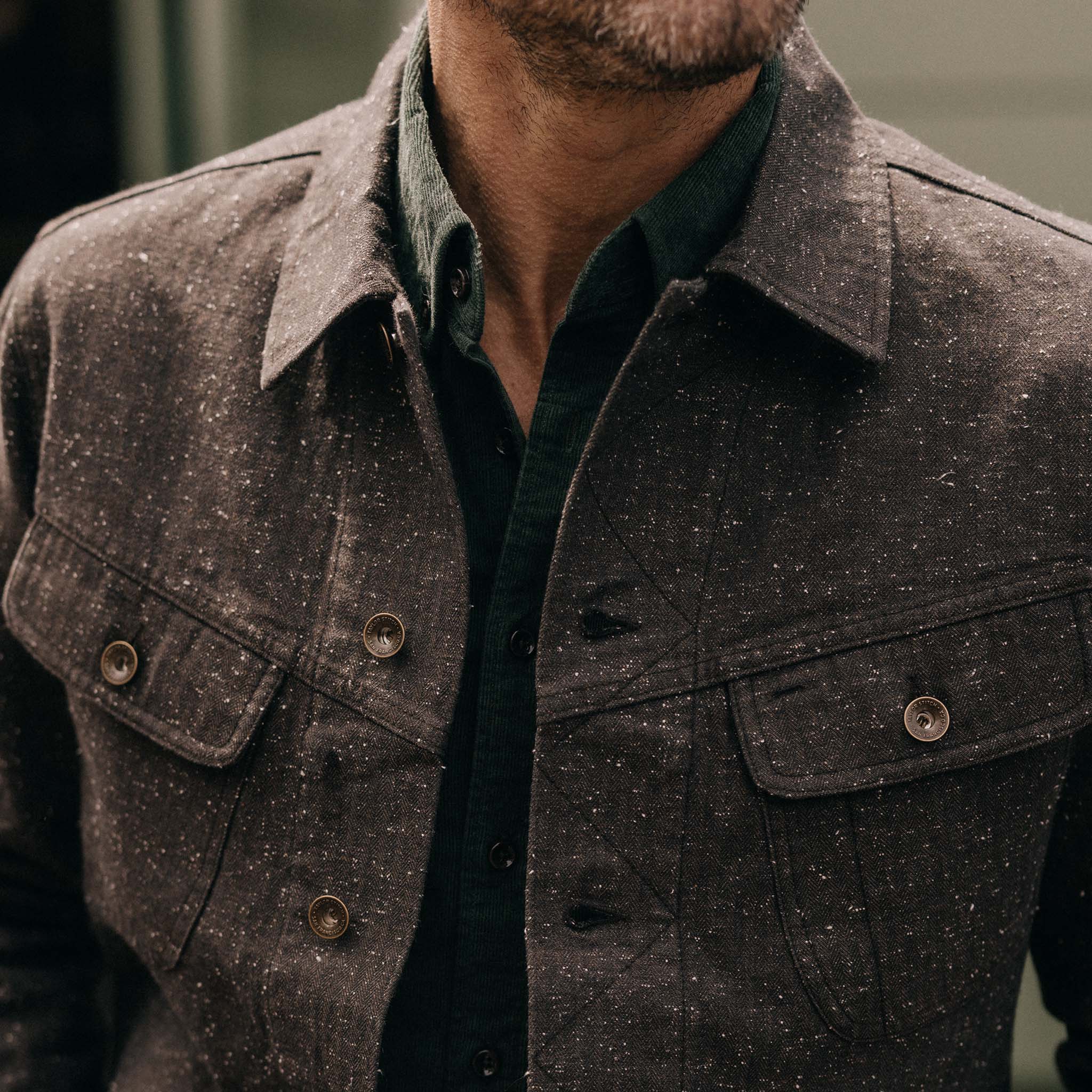 The Long Haul Mens Trucker Jacket in Peat Nep Herringbone | Taylor Stitch