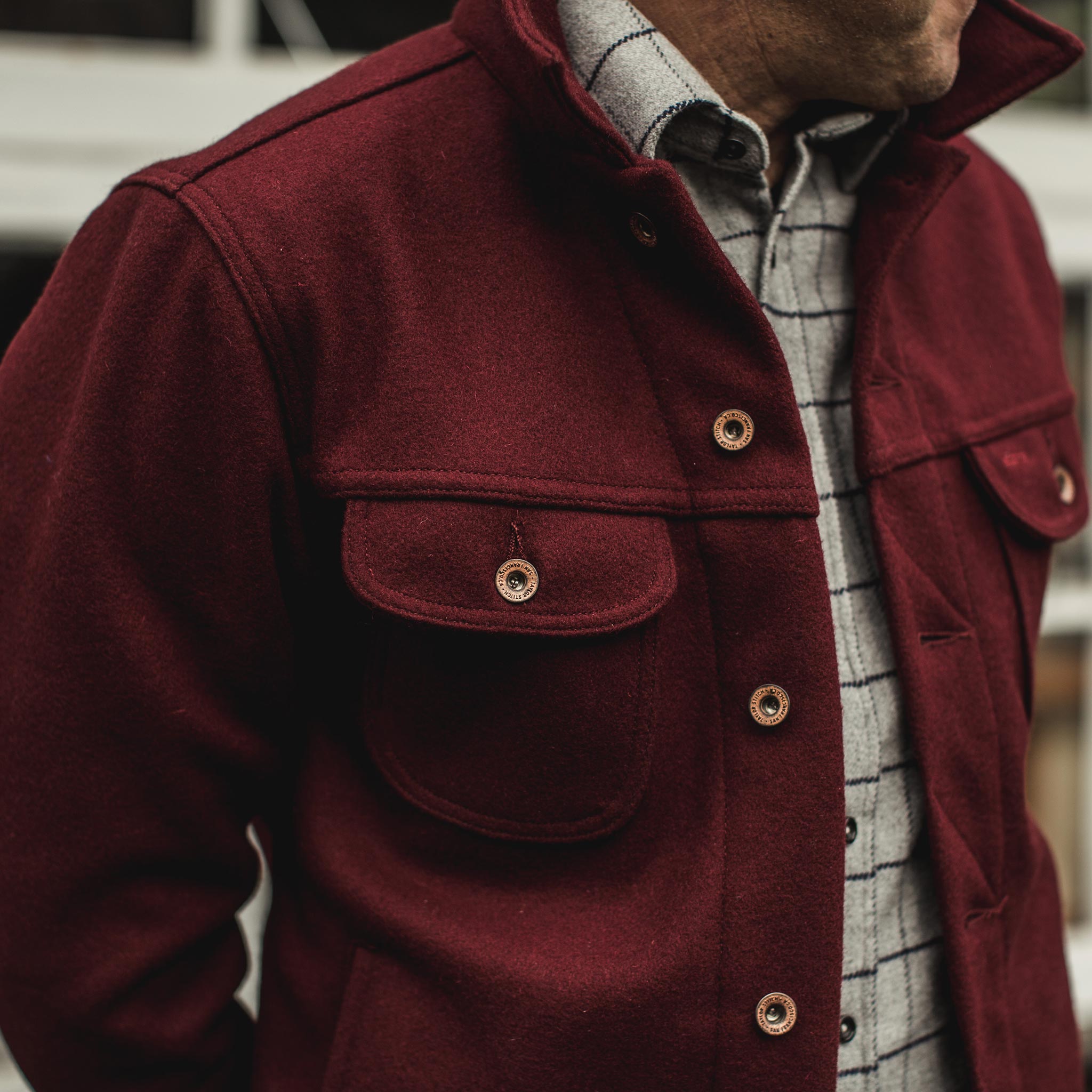 The Long Haul Jacket in Burgundy Melton Wool | Men's Archive | Taylor ...